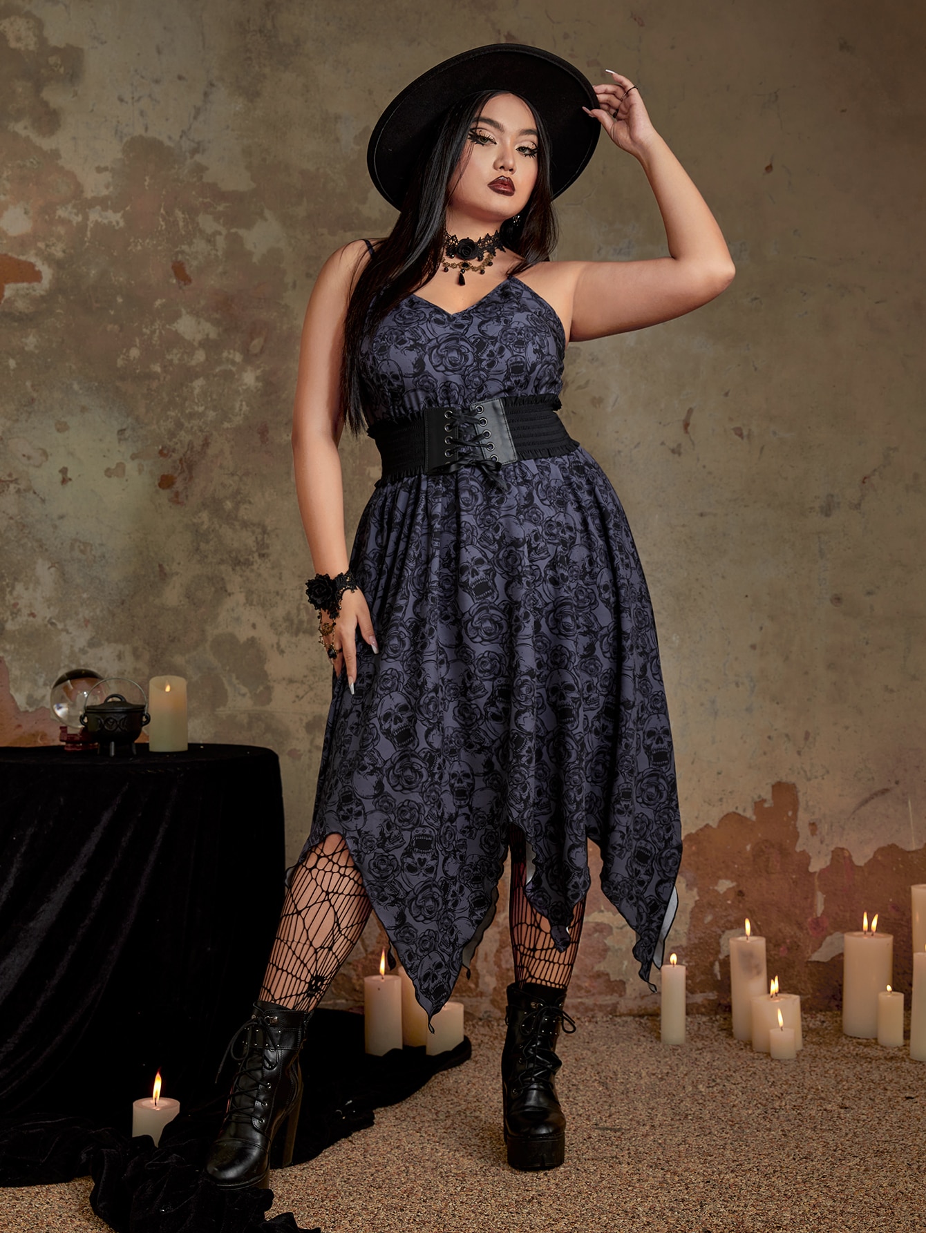 Goth Plus Skull Print Hanky Hem Cami Dress Without Belt | SHEIN USA