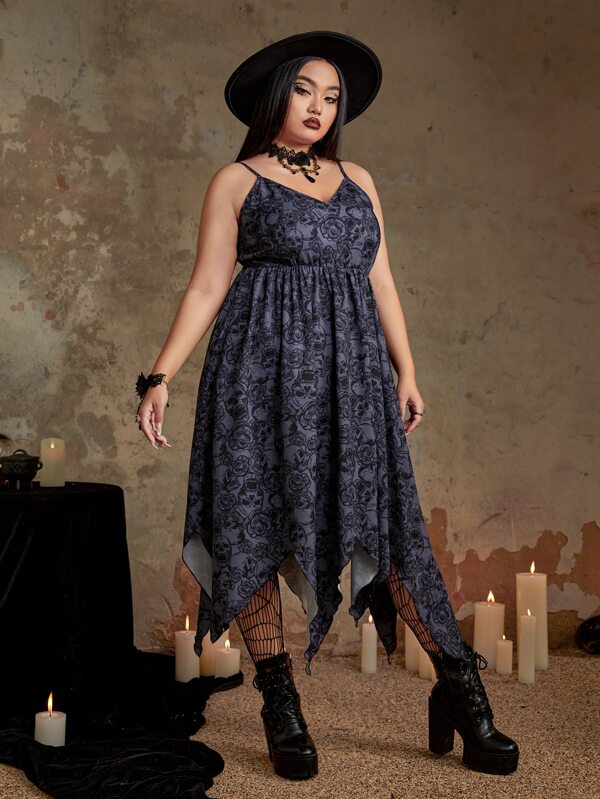Goth Plus Skull Print Hanky Hem Cami Dress Without Belt | SHEIN USA