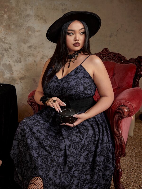 Goth Plus Skull Print Hanky Hem Cami Dress Without Belt | SHEIN USA