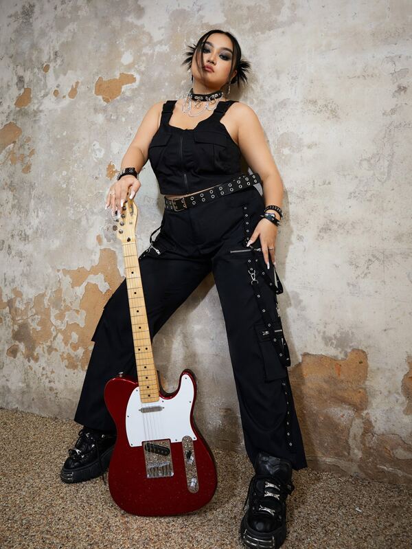 Grunge Punk Plus Grommet Eyelet Detail Flap Pocket Side Cargo Pants ...