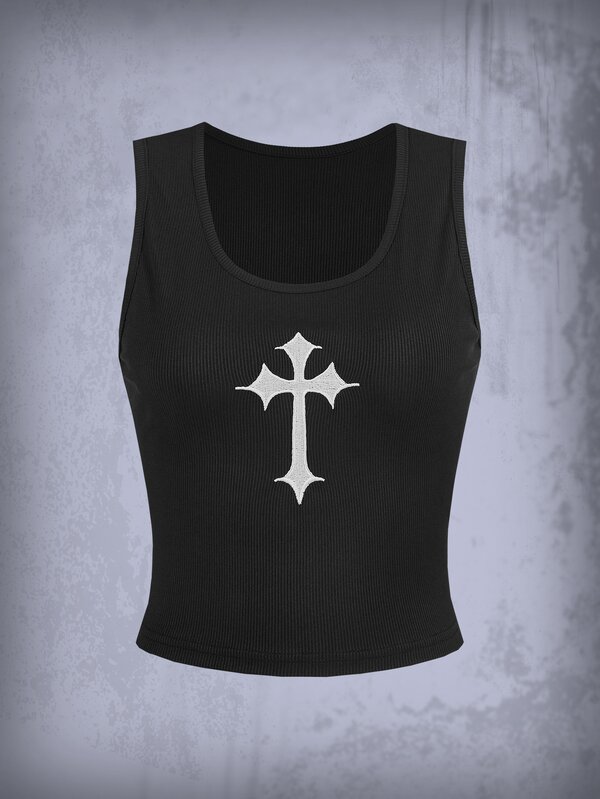 Goth Cross Embroidery Ribbed Tank Top | SHEIN USA