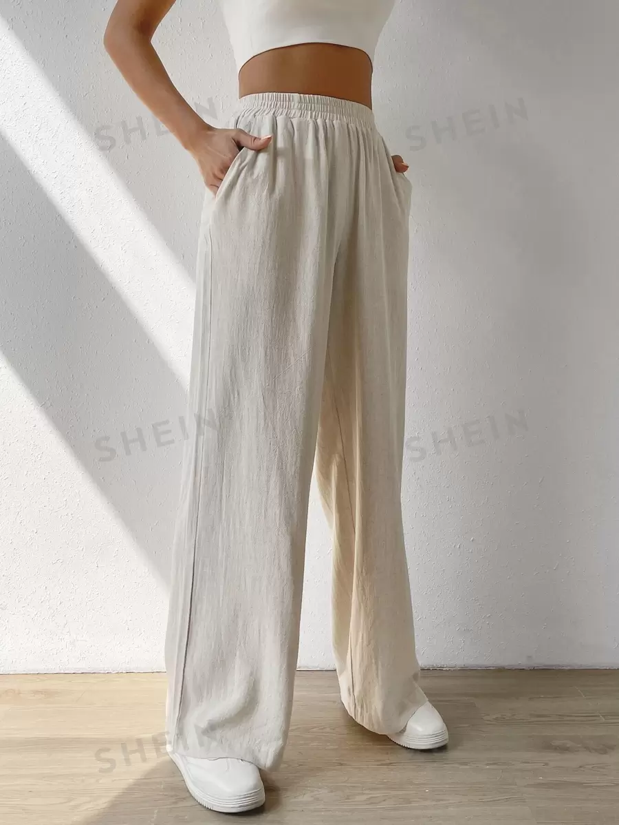 SHEIN EZwear Solid Slant Pocket Linen Wide Leg Pants | SHEIN USA