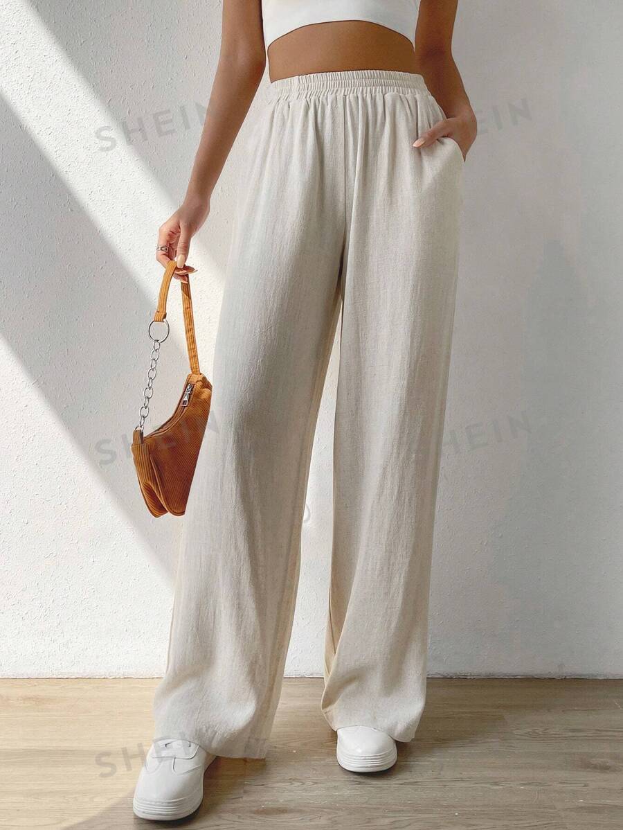 SHEIN EZwear Solid Slant Pocket Linen Wide Leg Pants | SHEIN USA
