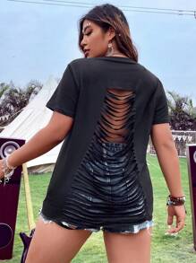 Flirla Plus Ladder Cut Out Back Ripped Tee | SHEIN USA