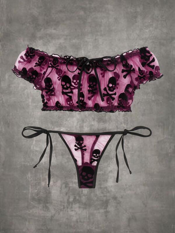 Romwe Grunge Punk Skull Print Frill Trim Mesh Lingerie Set Shein Uk