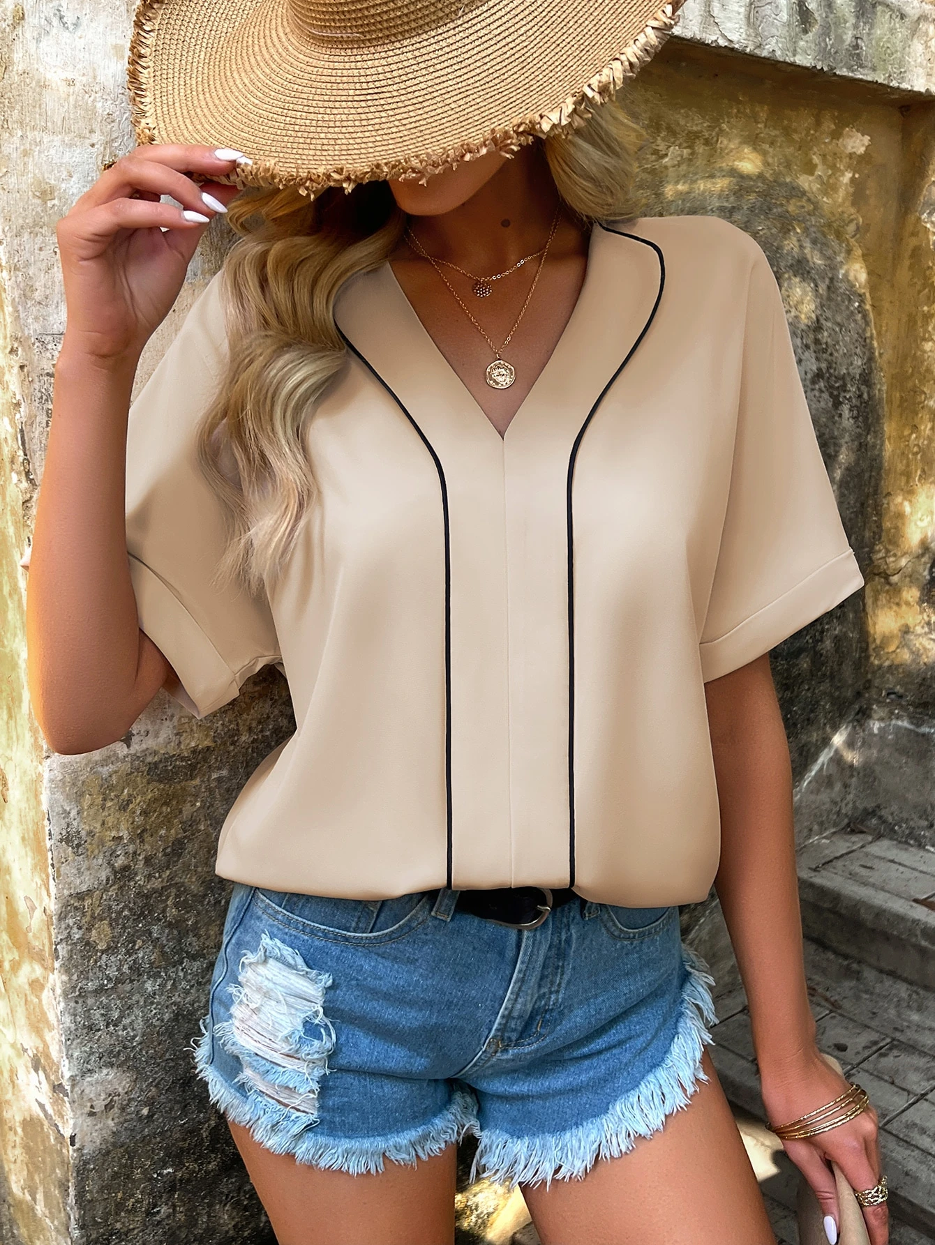 Shein Lune Blouse à Liseré Contrastant Manches Chauve Souris Mode En