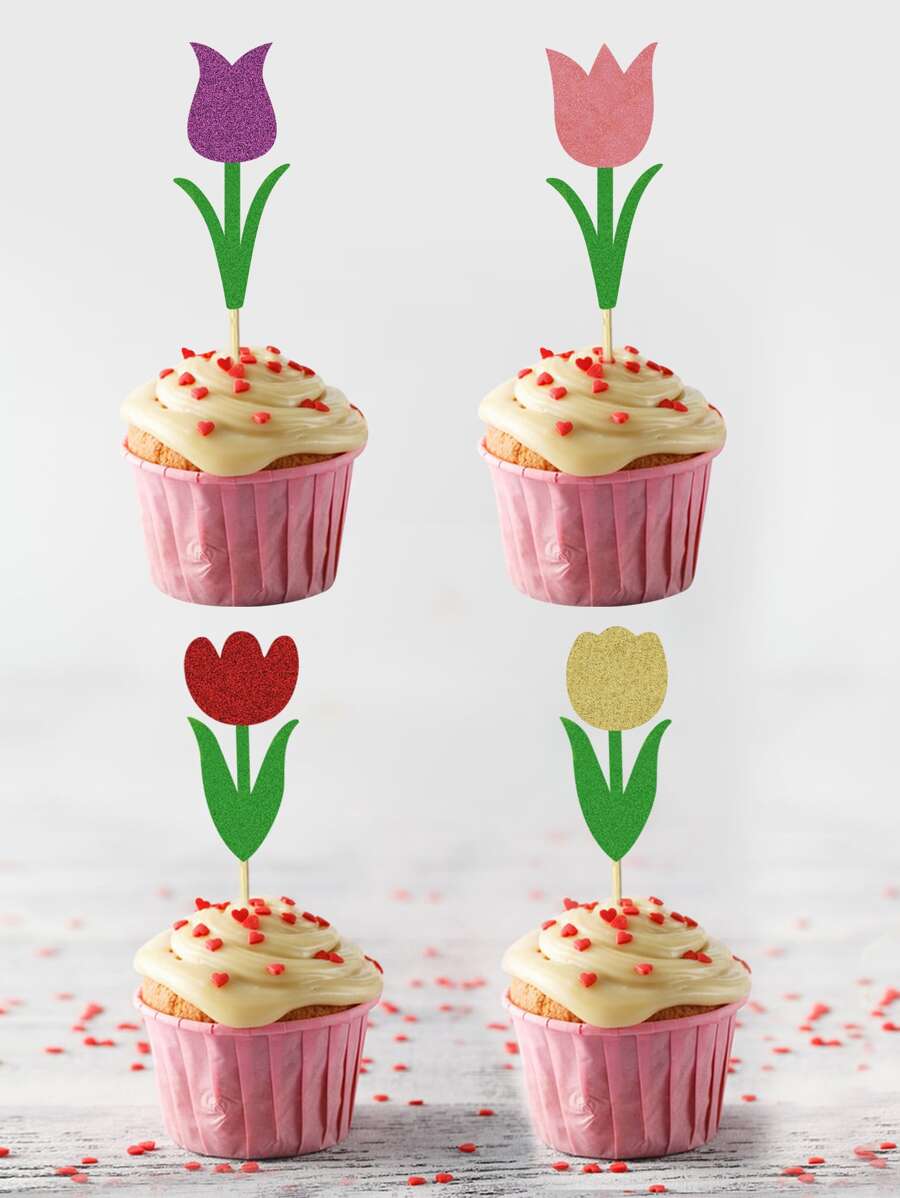 12pcs Tulip Flower Shaped Cake Toppers, 4 Designs, 3pcs Per Design ...