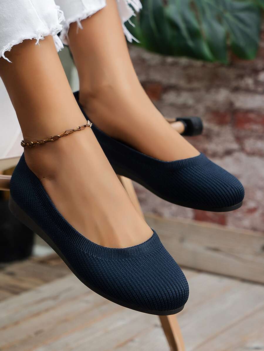 Women Ribbed Round Toe Flats, Fashion Blue Fabric Flats | SHEIN USA