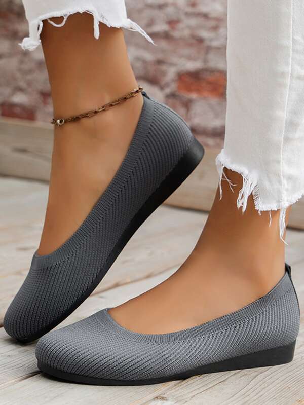 Women Ribbed Round Toe Flats, Fashion Grey Fabric Flats | SHEIN USA