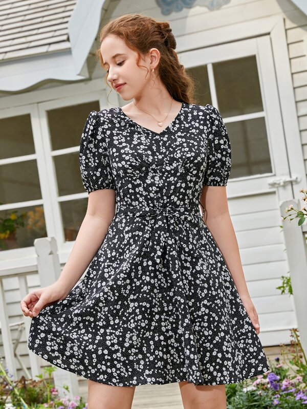 Shein Teen Girls Ditsy Floral Print Belted Dress | Shein Uk