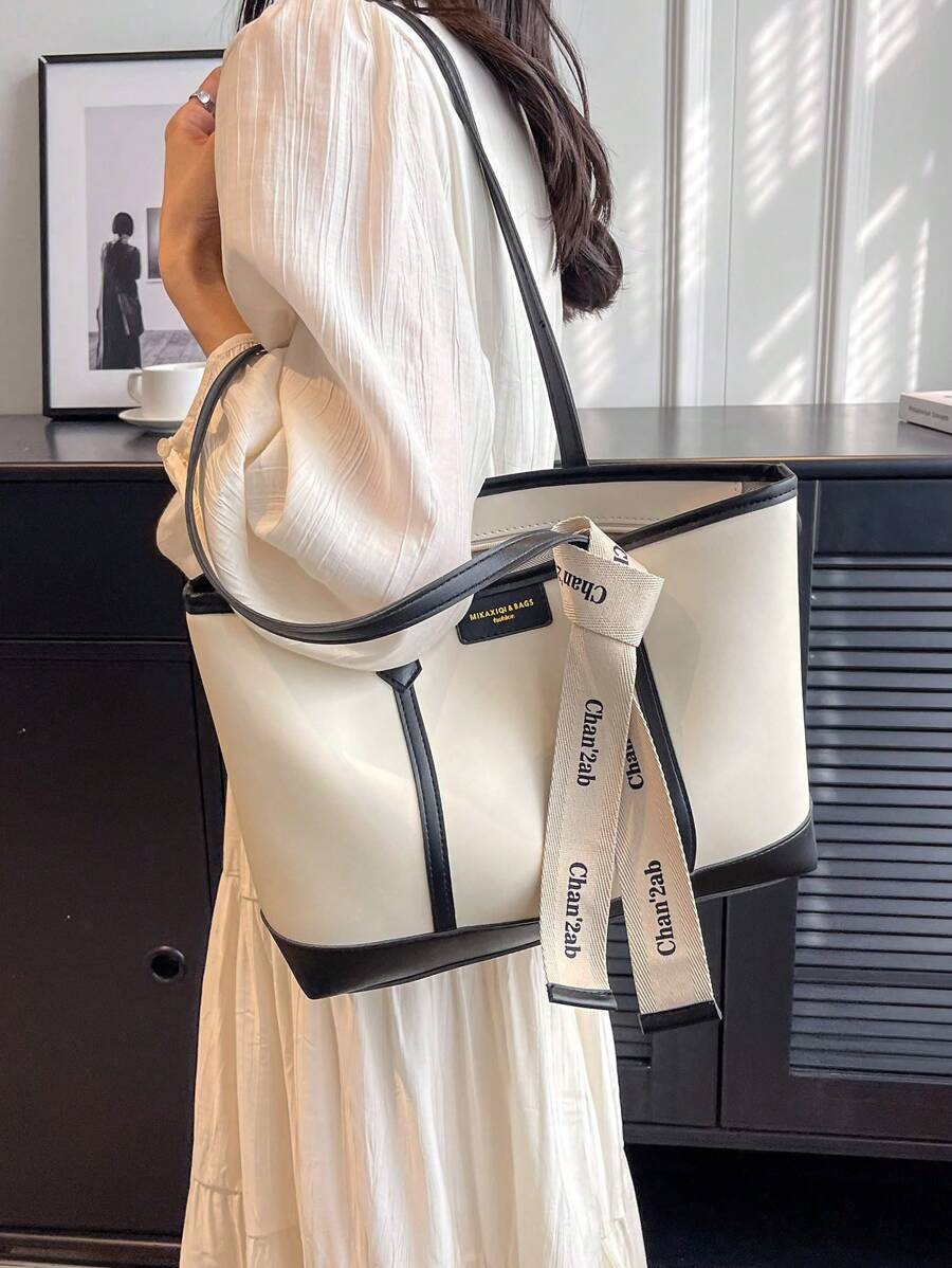 Colorblock Tote Bag Double Handle Letter Patch Decor | SHEIN USA