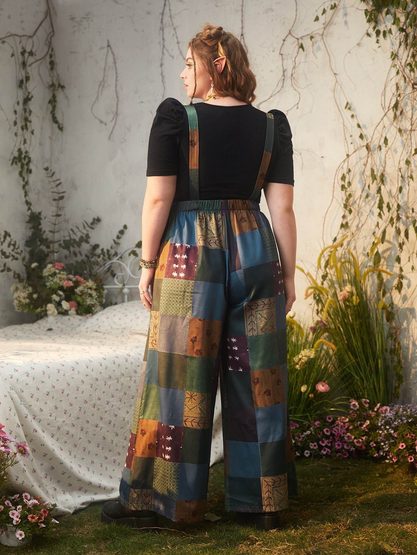 ROMWE Hippie Plus Patchwork Print Wide Leg Overalls Without Tee | SHEIN USA