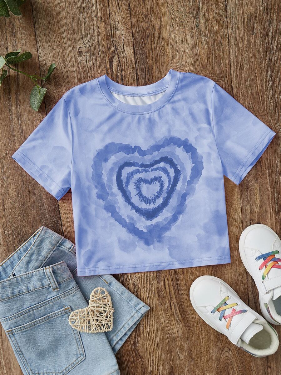 SHEIN Tween Girl Summer Tie Dye Heart Print Tee Without Shorts for Sale ...