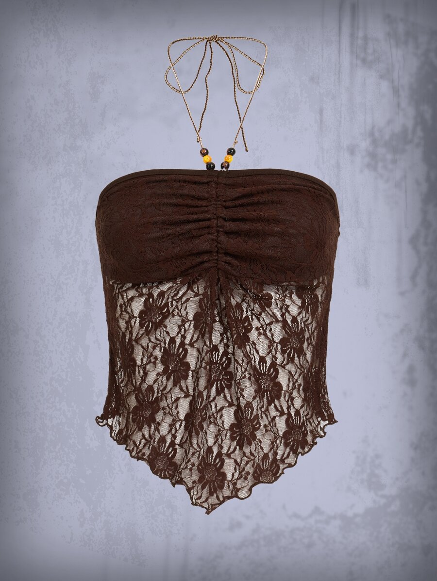 ROMWE Goth Lace Ruched Halter Top | SHEIN UK