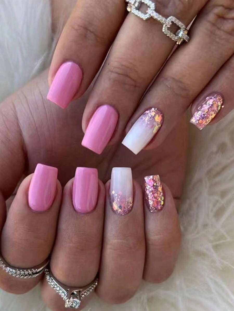 Get Glamorous With 24pcs Long Square Pink Glitter Sequins Fake Nail ...