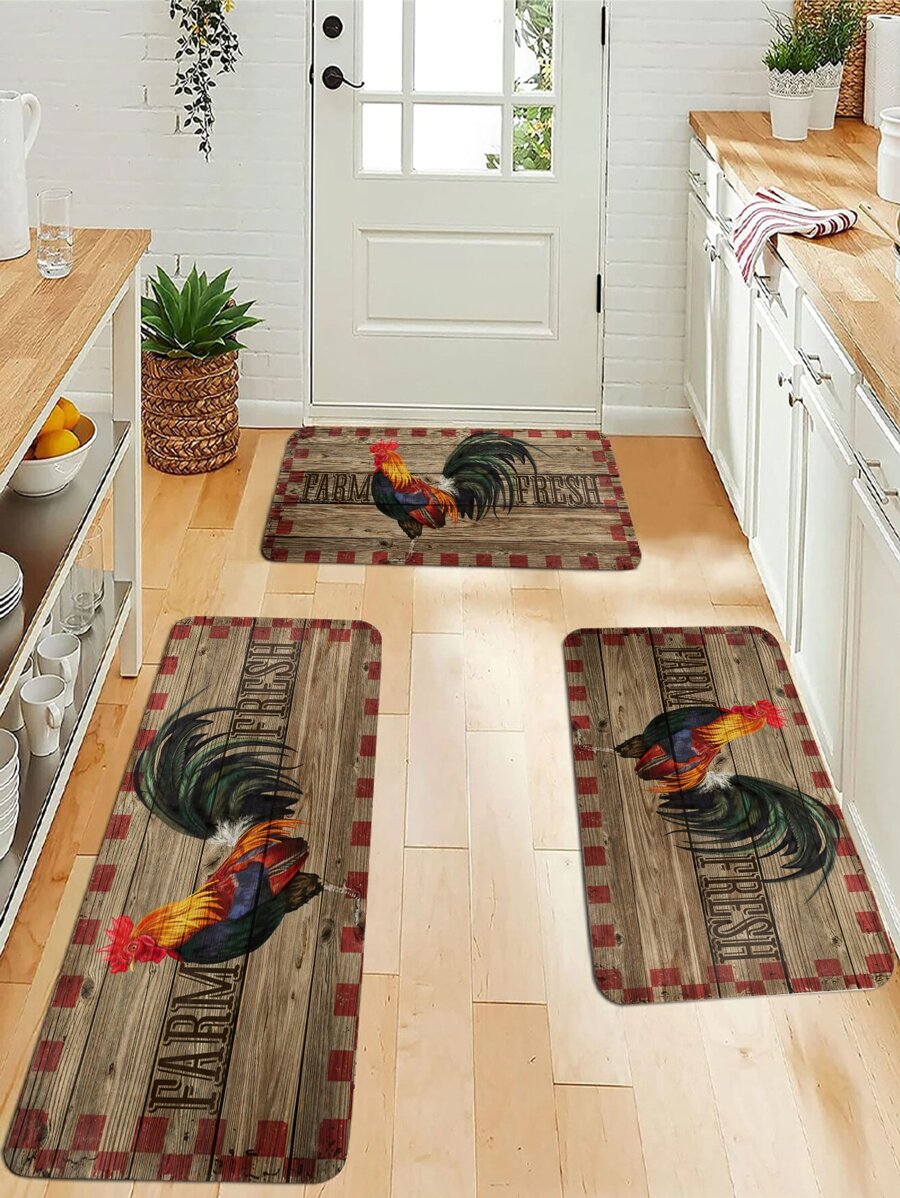 1pc Polyester Kitchen Rug, Modern Rooster Pattern Kitchen Mat For ...