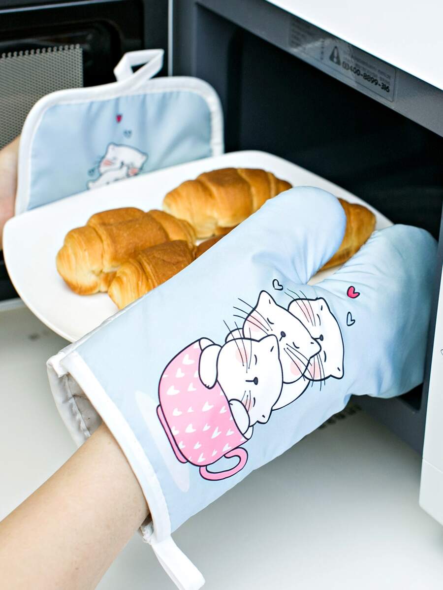 2pcs/set Polyester Oven Mitt, Cute Cartoon Cat & Heart Pattern Kitchen ...