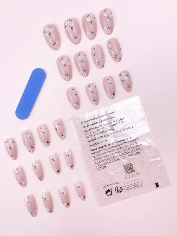 Elevate Your Style With 24pcs Long Almond Flower Pattern Glossy Fake
