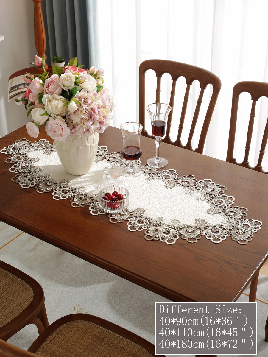 1pc Jacquard Lace Table Runner, Boho Polyester Flower Embroidered ...