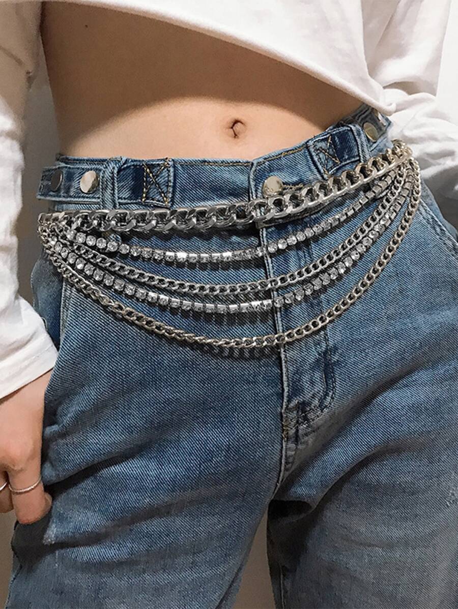 Steampunk Rhinestone Decor Layered Chain Belt For Jeans Pants Street ...