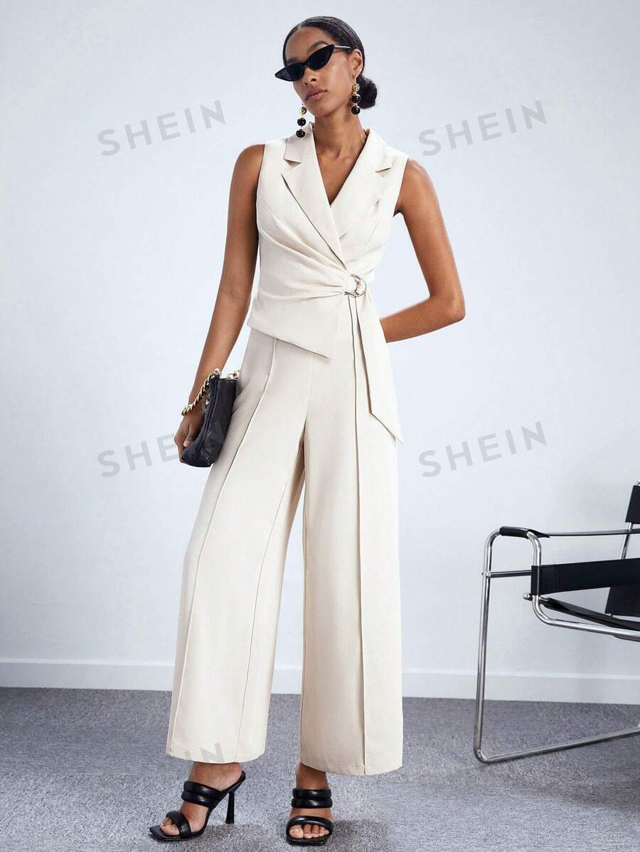 Shein Maija Lapel Neck Belted Wide Leg Jumpsuit Workwear Shein Uk