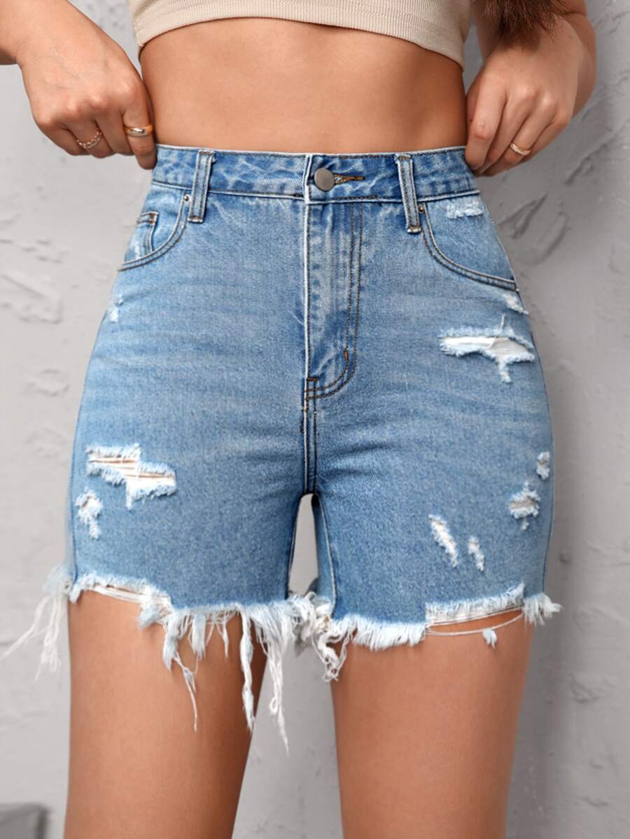 Ripped Raw Hem Denim Shorts | SHEIN USA