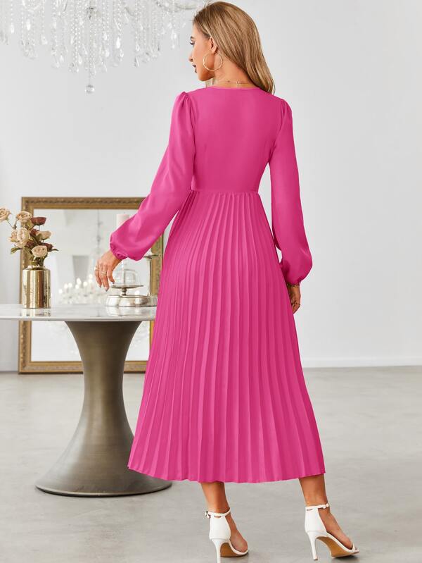 SHEIN Modely Surplice Neck Belted Pleated Hem Dress | SHEIN UK