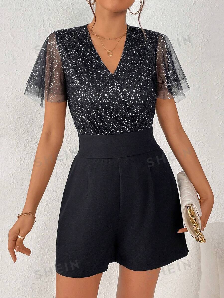 SHEIN Privé Contrast Mesh Butterfly Sleeve Romper | SHEIN UK