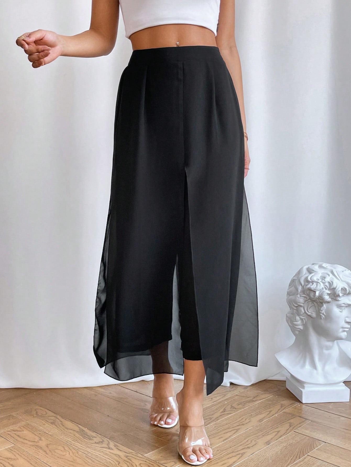 SHEIN Essnce Solid Split Thigh Contrast Mesh Wide Leg Pants | SHEIN USA
