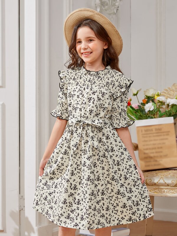 Girls Ditsy Floral Print Ruffle Trim Flounce Sleeve Belted Dress