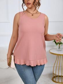 SHEIN LUNE Plus Contrast Lace Tie Back Ruffle Trim Tank Top | SHEIN USA