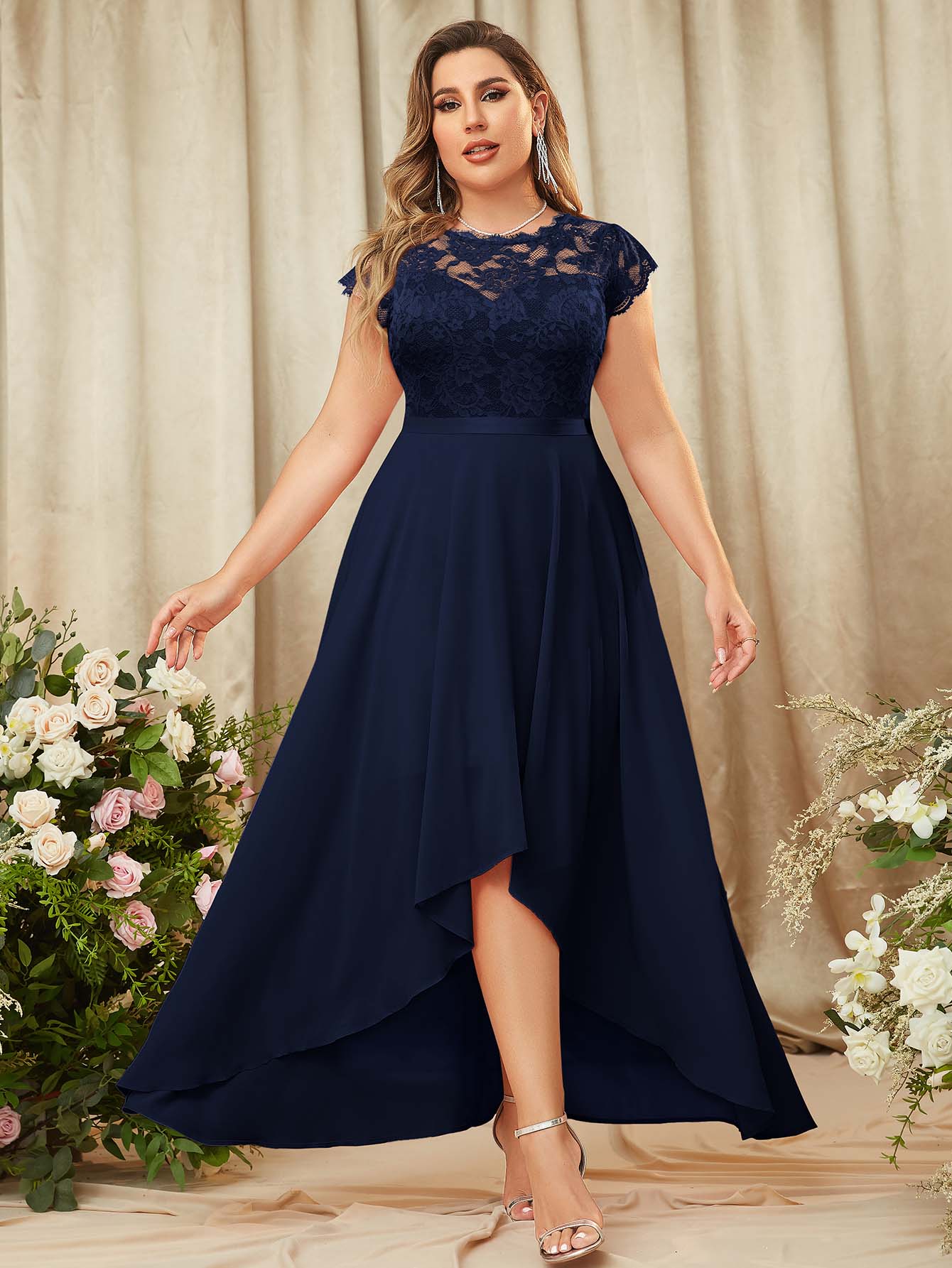 MIUSOL Plus Sheer Yoke Lace Bodice High Low Hem Maxi Formal Dress ...