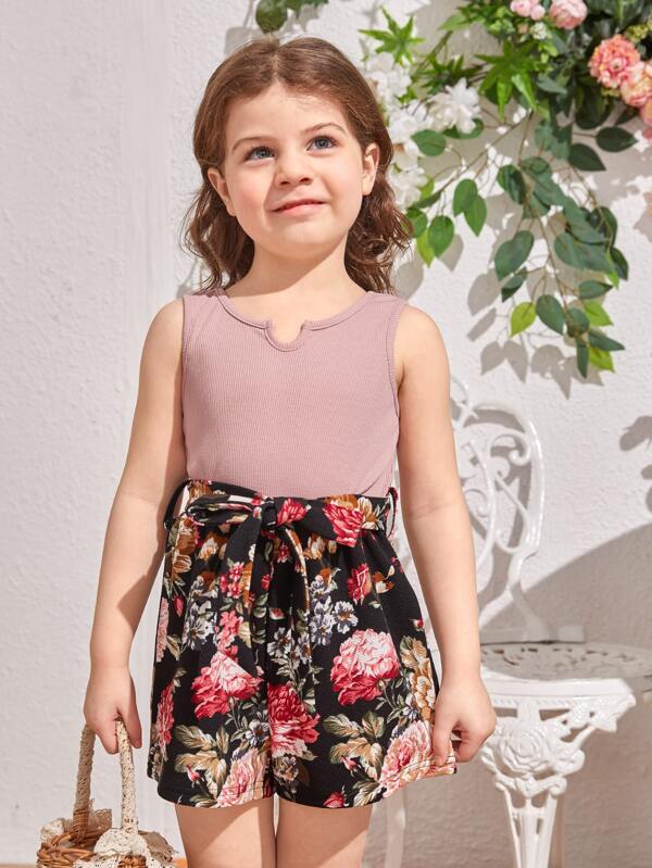 SHEIN Kids SUNSHNE Toddler Girls Floral Print Notched Neckline Belted ...