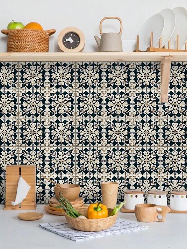 10pcs PVC Wall Tile Sticker, Modern Flower Pattern Wall Tile Sticker ...