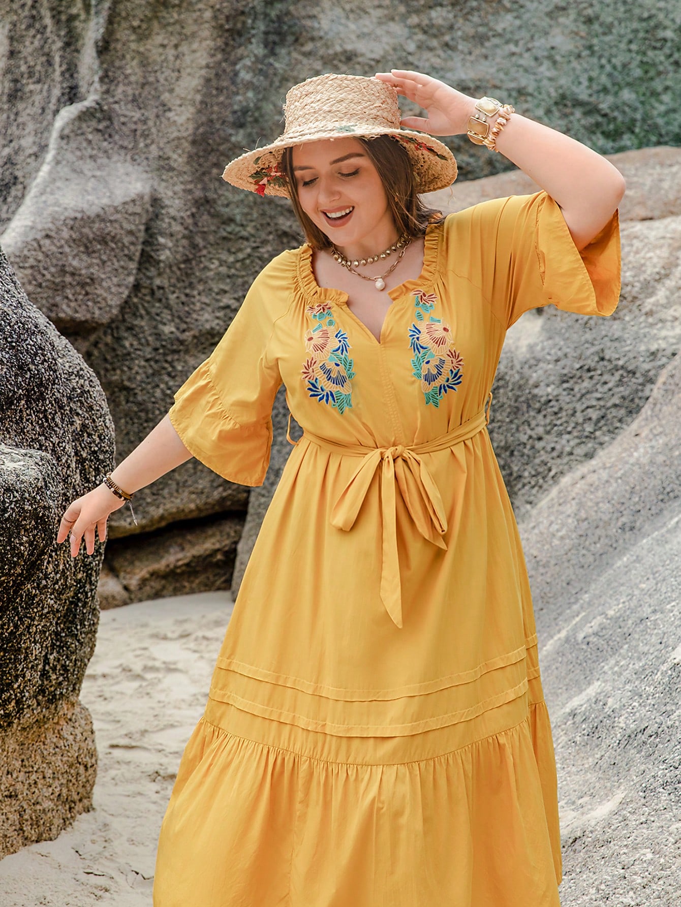 Rusttydustty Plus Floral Embroidery Ruffle Hem Dress | SHEIN USA