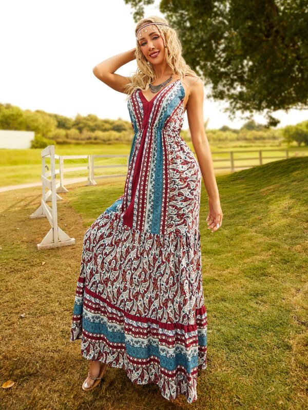 Allover Print Ruffle Hem Backless Tassel Trim Maxi Dress | SHEIN USA