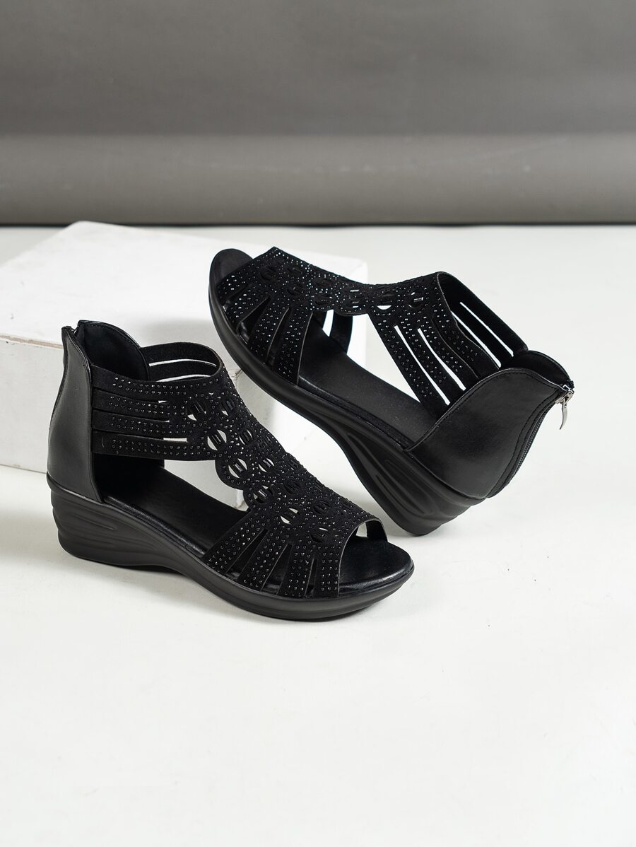 Women Rhinestone Decor Hollow Out Zipper Back Sandals, Glamorous Faux ...