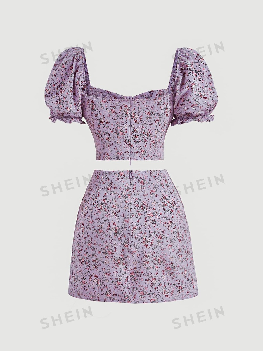 SHEIN MOD Ditsy Floral Print Puff Sleeve Crop Top & Split Hem Skirt ...