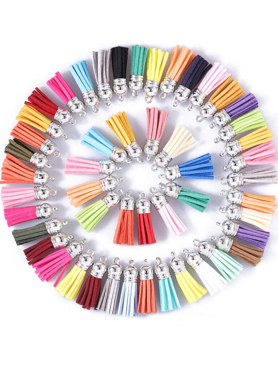 60pcs Mixed Color Keychain Tassels Leather Tassel Pendants With Silver ...