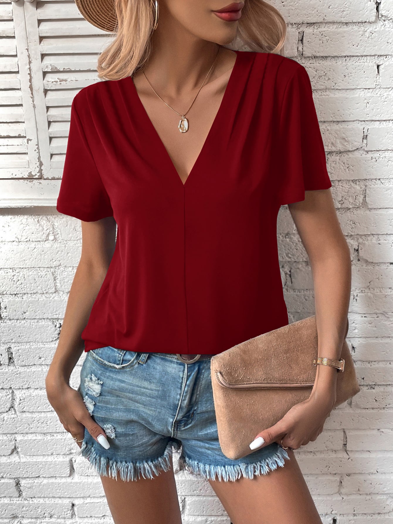 SHEIN LUNE Solid V Neck Tee | SHEIN USA