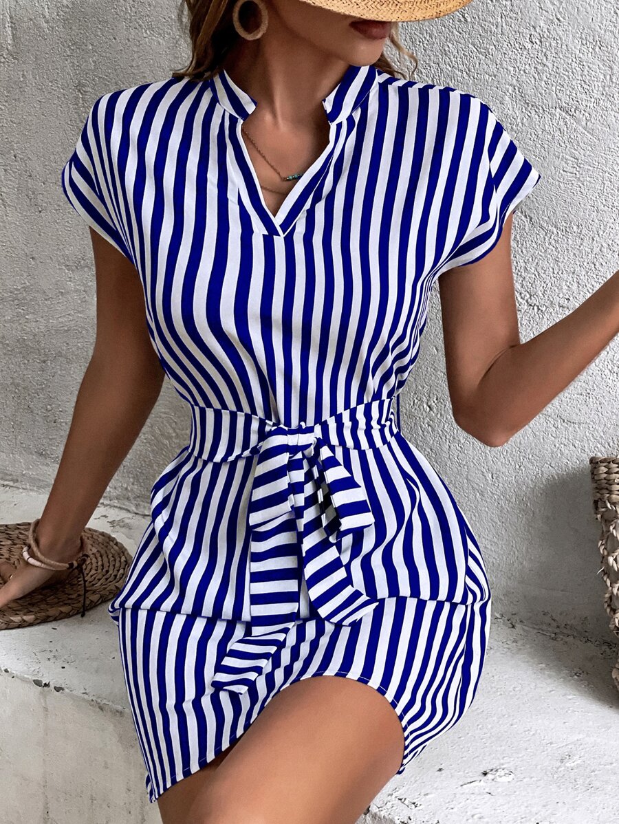Shein Lune Striped Print Notched Neckline Batwing Sleeve Belted Dress