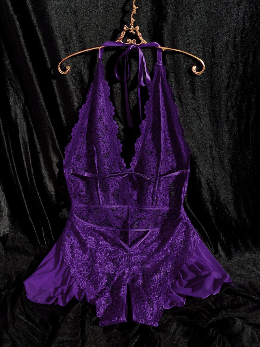 Classic Sexy Plus Contrast Lace Mesh Halter Teddy Bodysuit | SHEIN USA