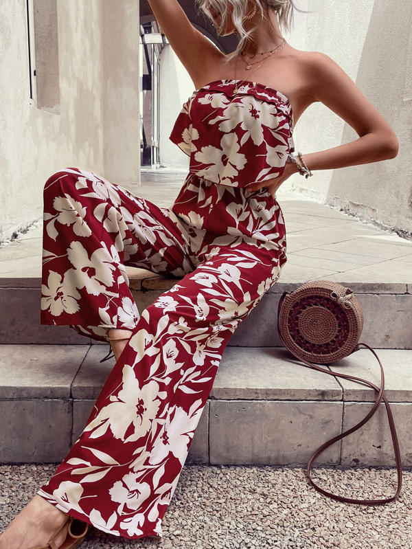 SHEIN VCAY Floral Print Ruffle Trim Tube Jumpsuit | SHEIN USA
