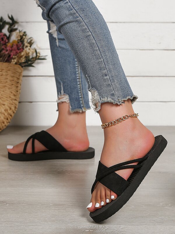 Women Minimalist Crossover Strap Slides, Fashion Black Summer Slides ...