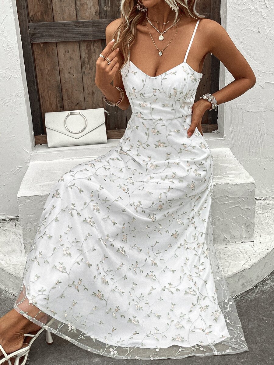 Shein Vcay Ditsy Floral Print Mesh Overlay Cami Dress Shein Usa