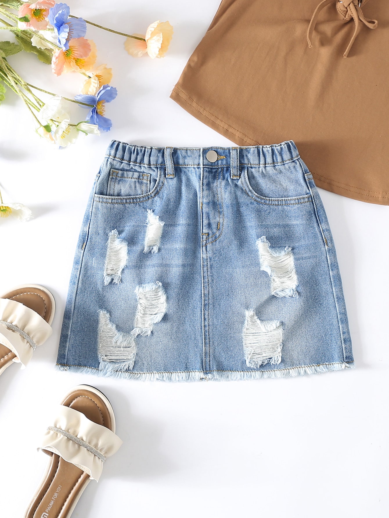 Girls Ripped Raw Hem Denim Skirt Shein Usa
