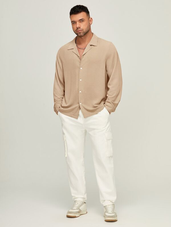 Manfinity Homme قميص موحدة اللون أزرار أمامية للرجال | شي إن