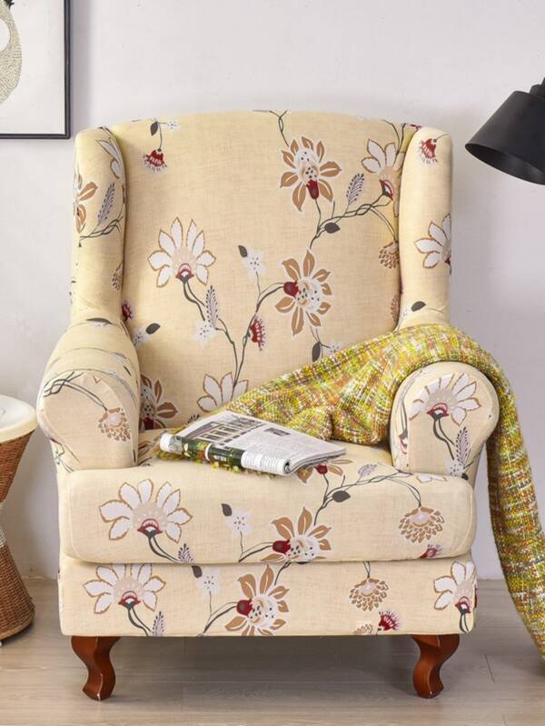 1pc Floral Pattern Wing Chair Slipcover, Modern Polyester Wingback ...