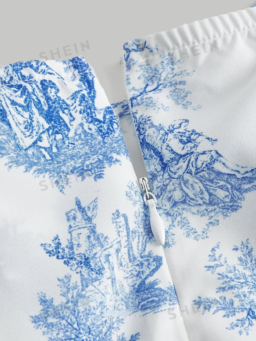 SHEIN MOD Figure & Plant Print Blue & White Pattern Crisscross Tie ...