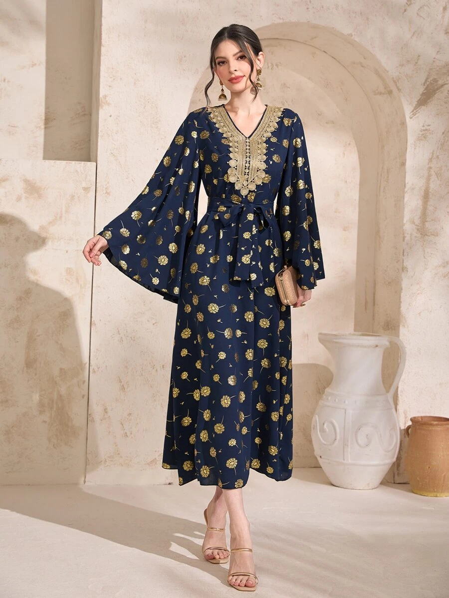 SHEIN Najma Gold Floral Print Guipure Lace Panel Flounce Sleeve Belted ...